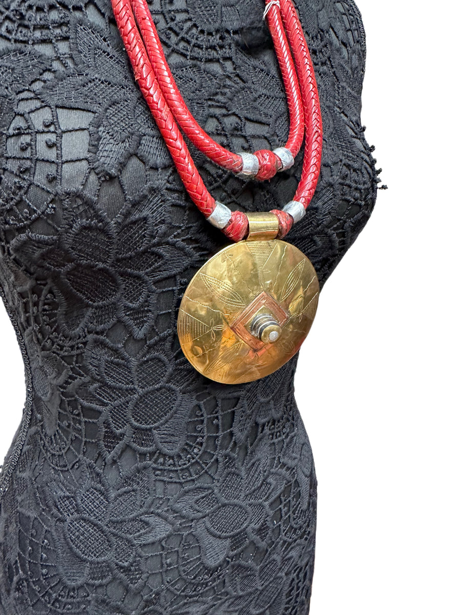 Red Leather Layered Necklace Large Metal Pendant – Chikodi’s World