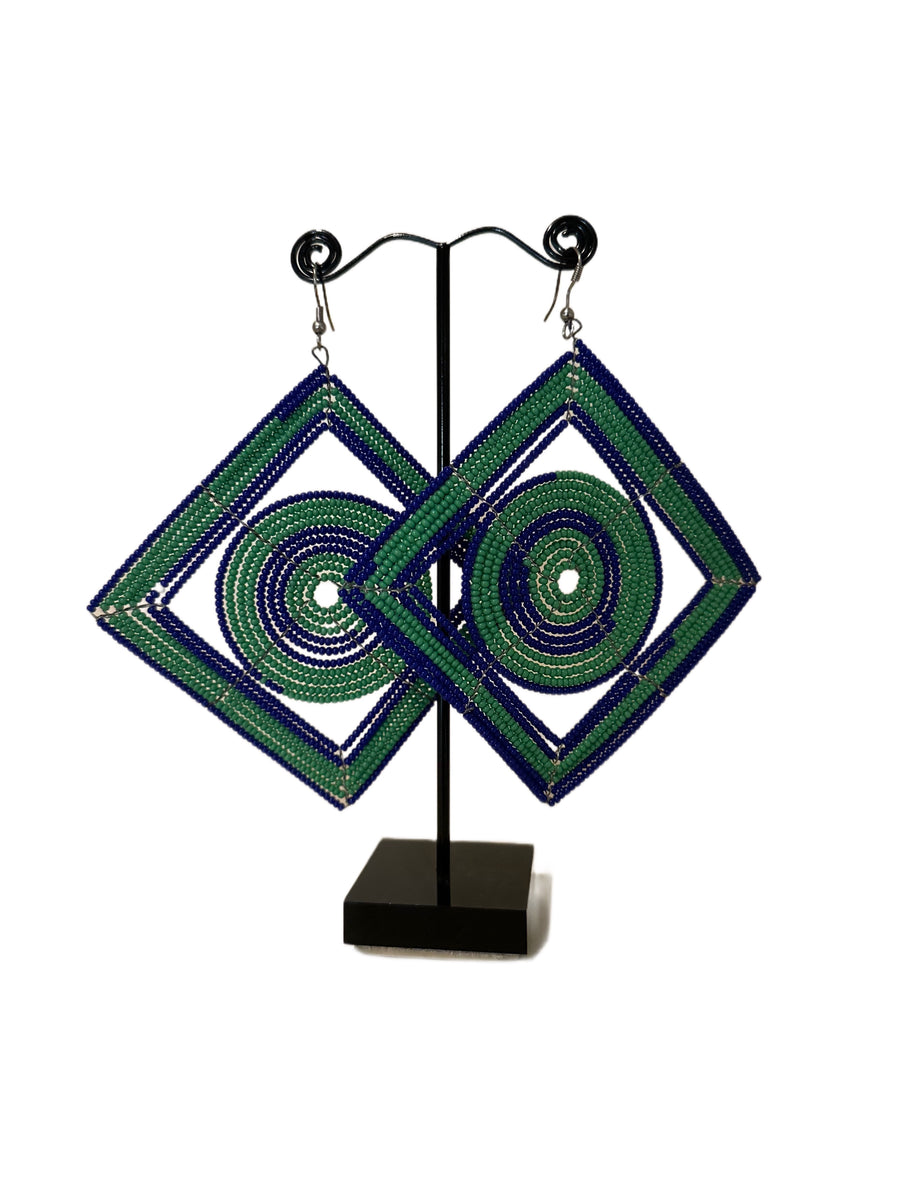 Handmade Diamond Shaped Seed Bead Earrings Royal Blue/Green – Chikodi’s ...