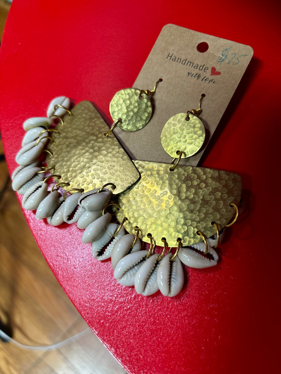 Brass shapes and cowrie shell dangling earrings – Chikodi’s World