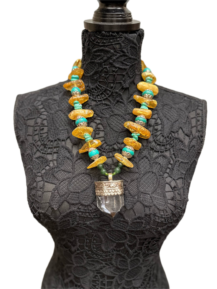 Chunky Amber and Turquoise necklace with Large crystal pendant ...